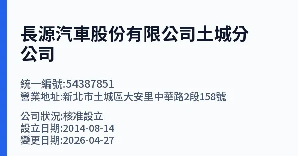 長源汽車股份有限公司土城分公司的照片-統編 54387851(新北市) 公司登記資料與營業項目詳細圖表