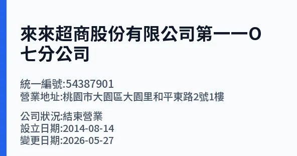 來來超商股份有限公司第一一O七分公司的照片-統編 54387901(桃園市) 公司登記資料與營業項目詳細圖表