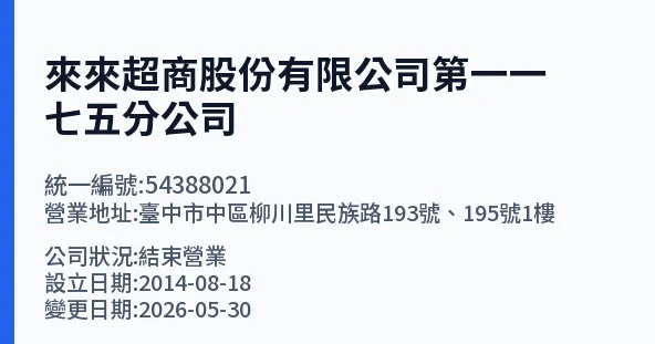 來來超商股份有限公司第一一七五分公司的照片-統編 54388021(臺中市) 公司登記資料與營業項目詳細圖表