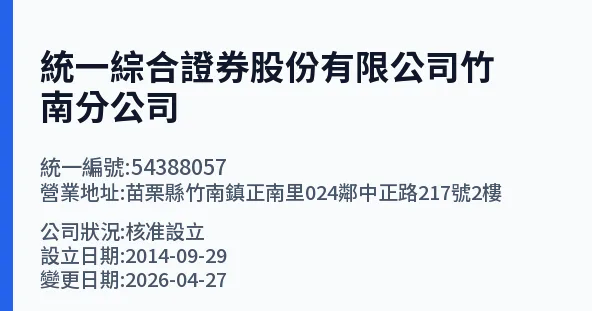 統一綜合證券股份有限公司竹南分公司的照片-統編 54388057(苗栗縣) 公司登記資料與營業項目詳細圖表