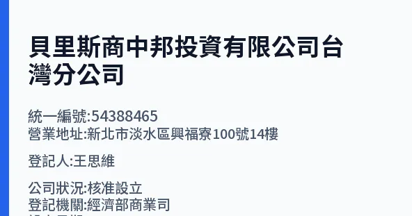 貝里斯商中邦投資有限公司台灣分公司的照片-統編 54388465(新北市) 公司登記資料與營業項目詳細圖表