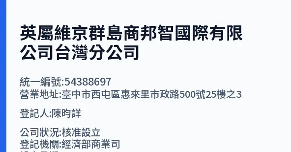 英屬維京群島商邦智國際有限公司台灣分公司的照片-統編 54388697(臺中市) 公司登記資料與營業項目詳細圖表