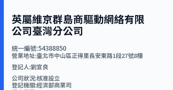 英屬維京群島商驅動網絡有限公司臺灣分公司的照片-統編 54388850(臺北市) 公司登記資料與營業項目詳細圖表