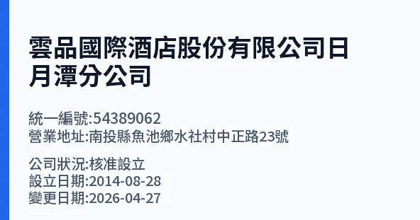 雲品國際酒店股份有限公司日月潭分公司的照片-統編 54389062(南投縣) 公司登記資料與營業項目詳細圖表