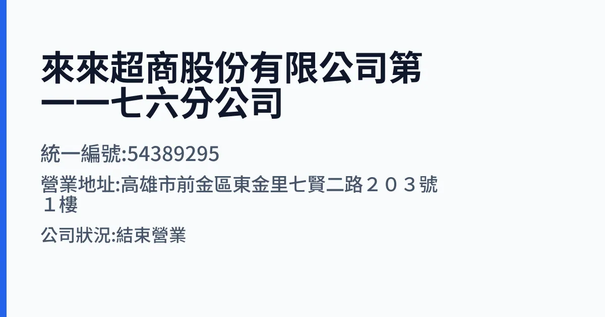 來來超商股份有限公司第一一七六分公司 - 統編 54389295(高雄市) 公司登記資料與營業項目詳細圖表