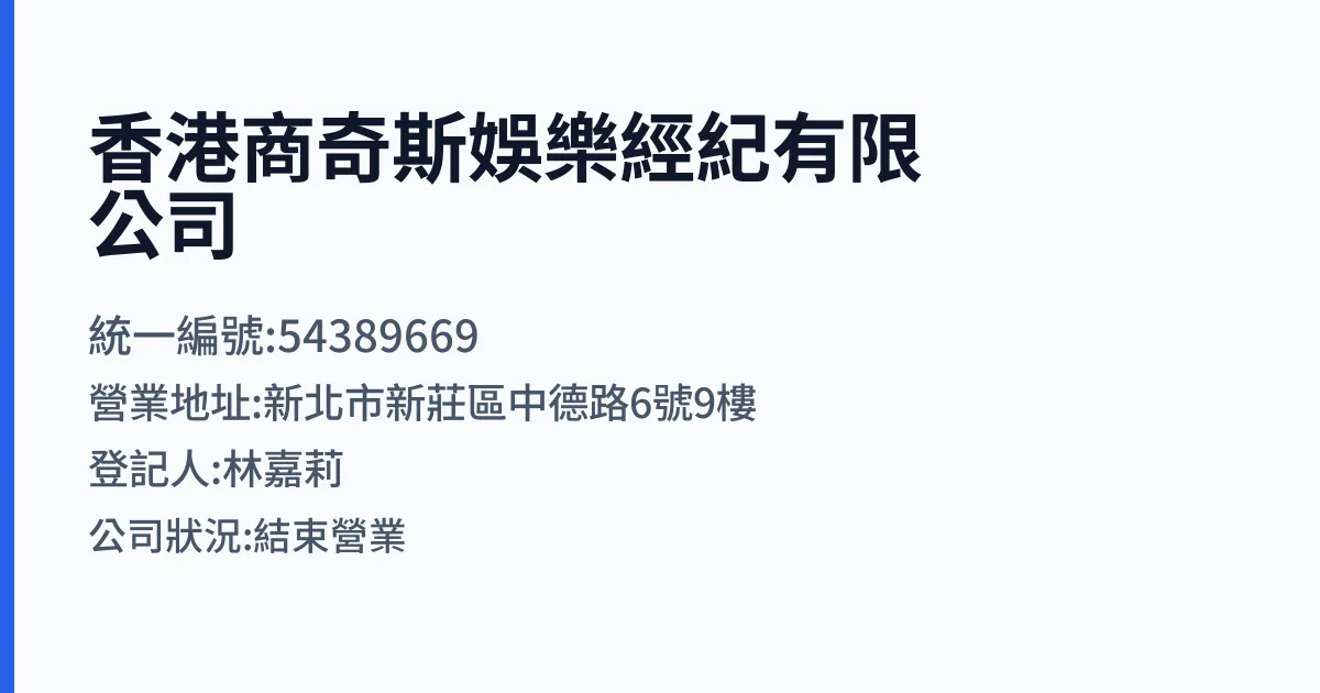 香港商奇斯娛樂經紀有限公司 - 統編 54389669(新北市) 公司登記資料與營業項目詳細圖表