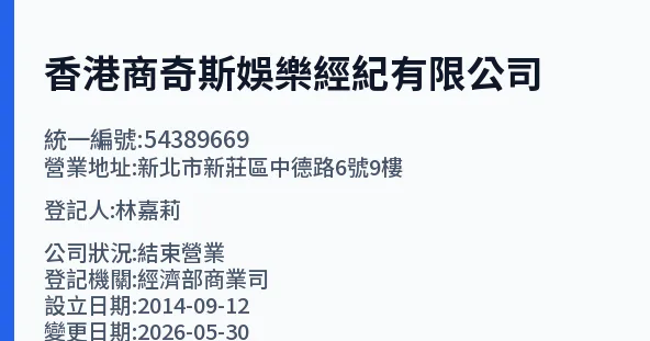 香港商奇斯娛樂經紀有限公司的照片-統編 54389669(新北市) 公司登記資料與營業項目詳細圖表