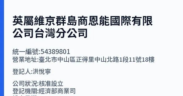 英屬維京群島商恩能國際有限公司台灣分公司的照片-統編 54389801(臺北市) 公司登記資料與營業項目詳細圖表