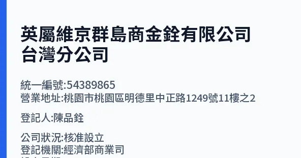 英屬維京群島商金銓有限公司台灣分公司的照片-統編 54389865(桃園市) 公司登記資料與營業項目詳細圖表