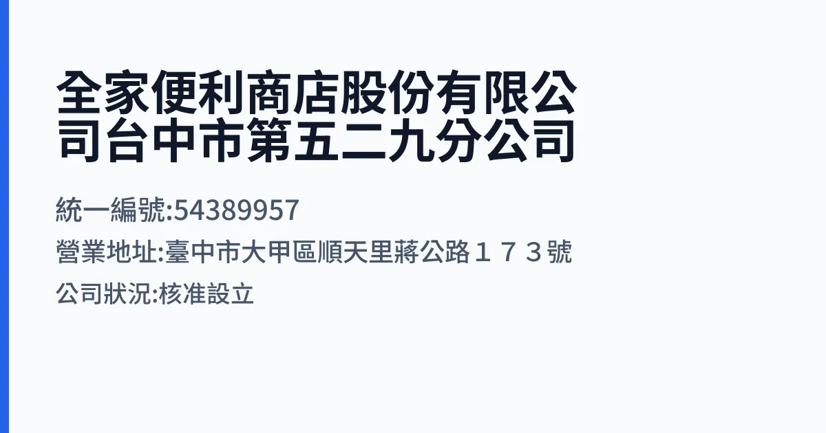 全家便利商店股份有限公司台中市第五二九分公司 - 統編 54389957(臺中市) 公司登記資料與營業項目詳細圖表