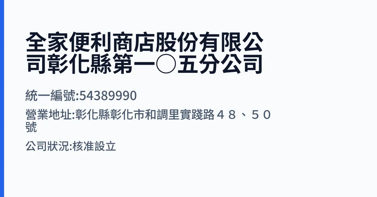全家便利商店股份有限公司彰化縣第一○五分公司 - 統編 54389990(彰化縣) 公司登記資料與營業項目詳細圖表