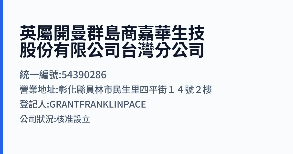 英屬開曼群島商嘉華生技股份有限公司台灣分公司 - 統編 54390286(臺北市) 公司登記資料與營業項目詳細圖表