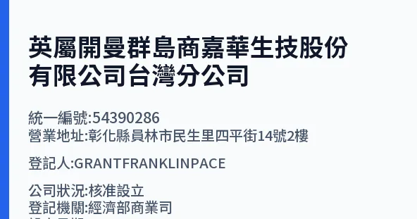 英屬開曼群島商嘉華生技股份有限公司台灣分公司的照片-統編 54390286(彰化縣) 公司登記資料與營業項目詳細圖表