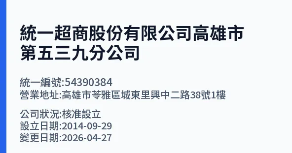 統一超商股份有限公司高雄市第五三九分公司的照片-統編 54390384(高雄市) 公司登記資料與營業項目詳細圖表