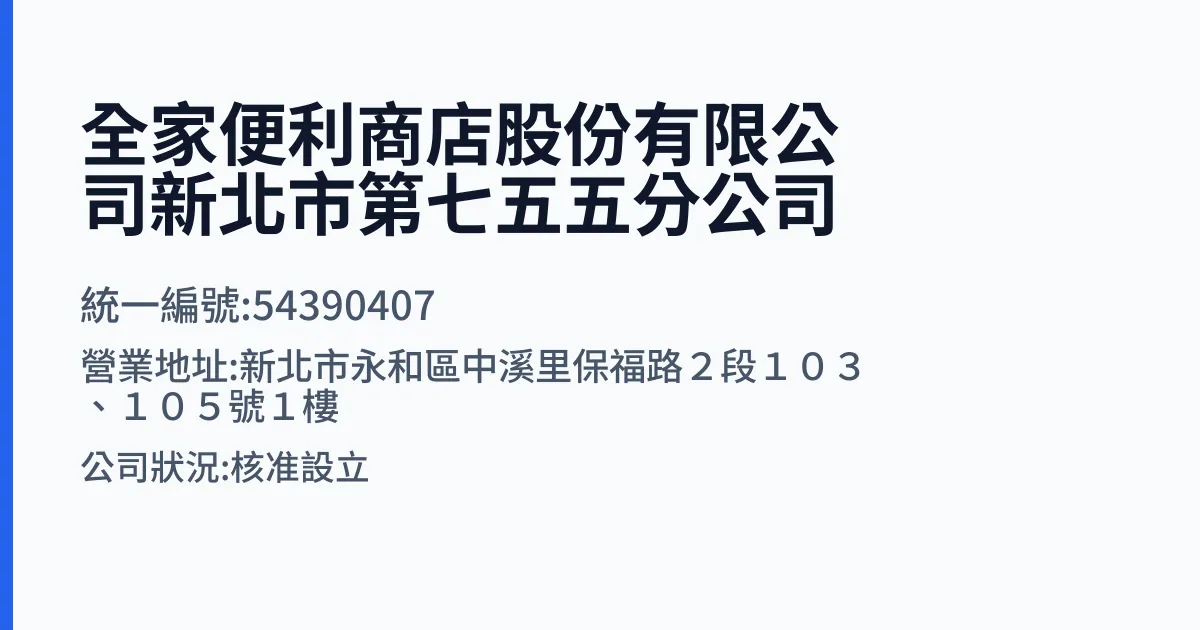 全家便利商店股份有限公司新北市第七五五分公司 - 統編 54390407(新北市) 公司登記資料與營業項目詳細圖表