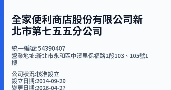 全家便利商店股份有限公司新北市第七五五分公司的照片-統編 54390407(新北市) 公司登記資料與營業項目詳細圖表