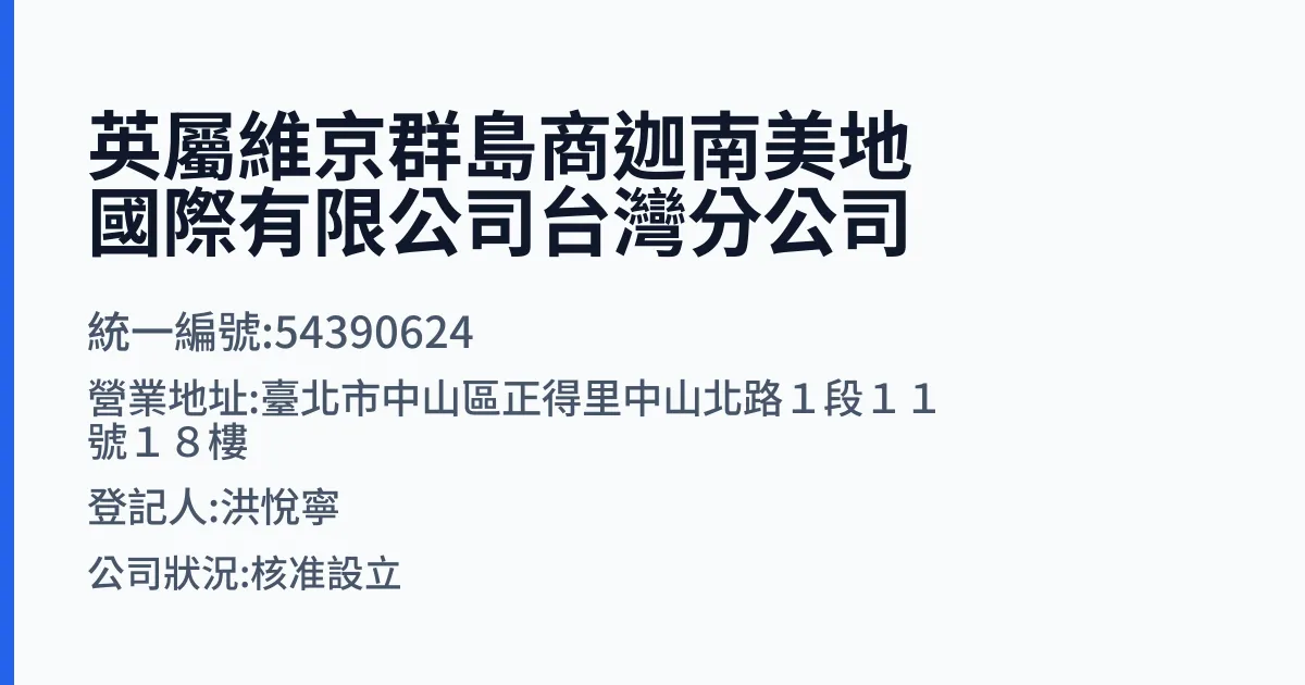 英屬維京群島商迦南美地國際有限公司台灣分公司 - 統編 54390624(臺北市) 公司登記資料與營業項目詳細圖表