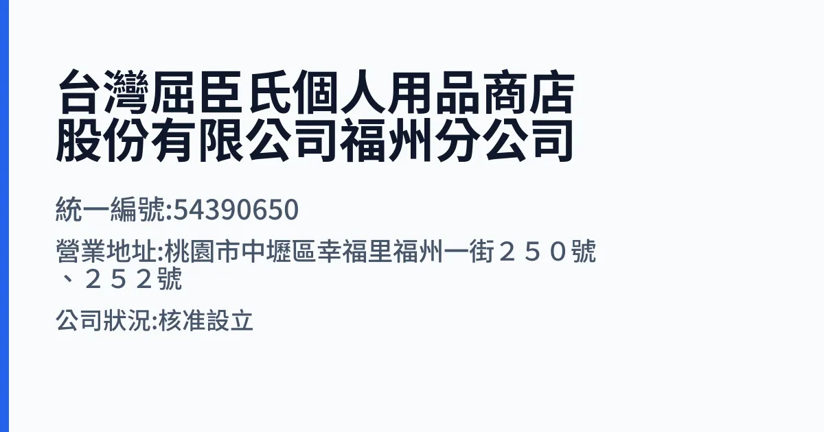 台灣屈臣氏個人用品商店股份有限公司福州分公司 - 統編 54390650(桃園市) 公司登記資料與營業項目詳細圖表