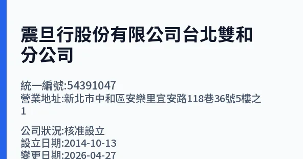 震旦行股份有限公司台北雙和分公司的照片-統編 54391047(新北市) 公司登記資料與營業項目詳細圖表