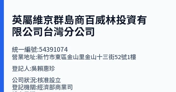 英屬維京群島商百威林投資有限公司台灣分公司的照片-統編 54391074(新竹市) 公司登記資料與營業項目詳細圖表