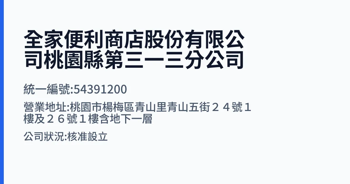 全家便利商店股份有限公司桃園縣第三一三分公司 - 統編 54391200(桃園市) 公司登記資料與營業項目詳細圖表