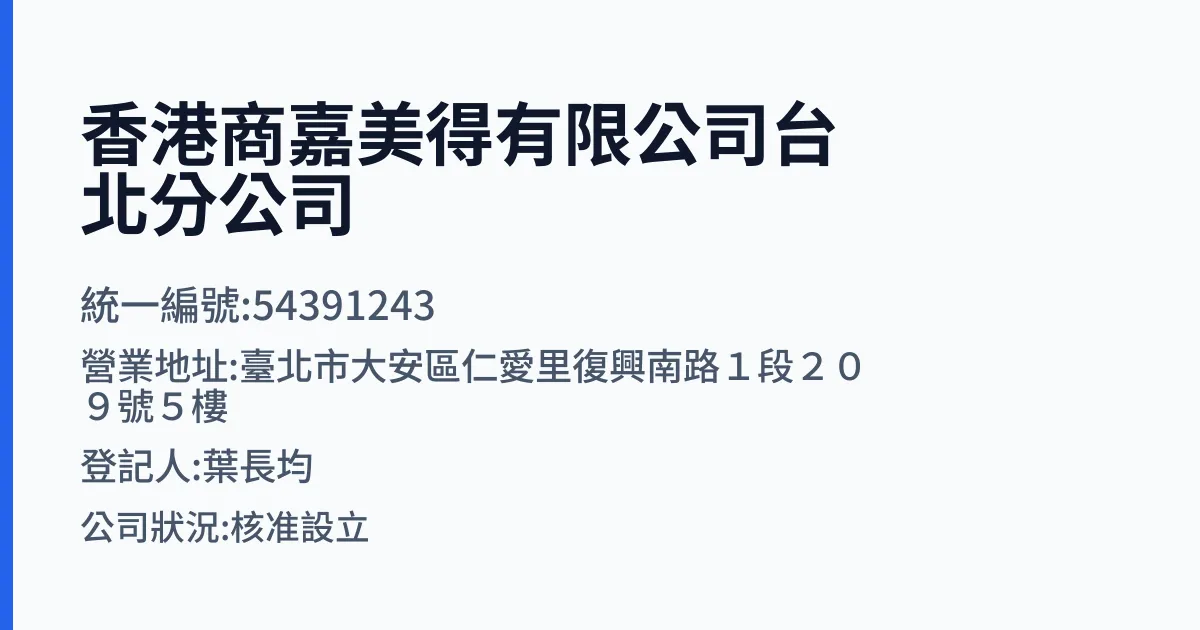 香港商嘉美得有限公司台北分公司 - 統編 54391243(臺北市) 公司登記資料與營業項目詳細圖表