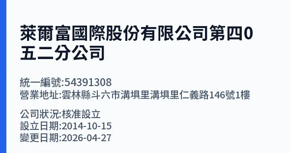 萊爾富國際股份有限公司第四0五二分公司的照片-統編 54391308(雲林縣) 公司登記資料與營業項目詳細圖表