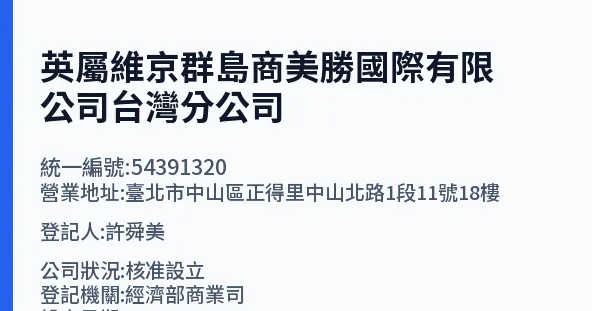 英屬維京群島商美勝國際有限公司台灣分公司的照片-統編 54391320(臺北市) 公司登記資料與營業項目詳細圖表