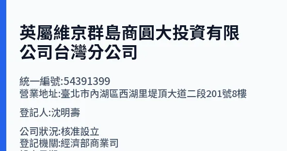 英屬維京群島商圓大投資有限公司台灣分公司的照片-統編 54391399(臺北市) 公司登記資料與營業項目詳細圖表