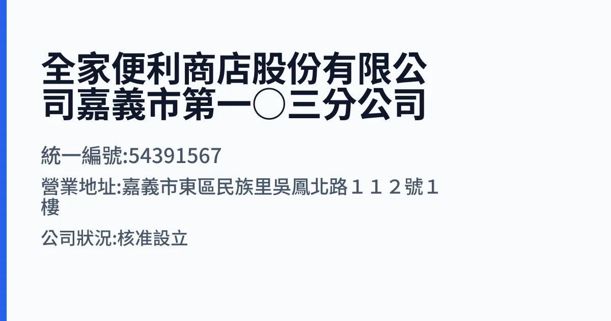 全家便利商店股份有限公司嘉義市第一○三分公司 - 統編 54391567(嘉義市) 公司登記資料與營業項目詳細圖表