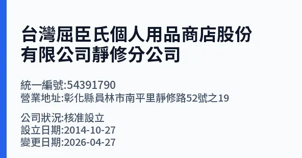 台灣屈臣氏個人用品商店股份有限公司靜修分公司的照片-統編 54391790(彰化縣) 公司登記資料與營業項目詳細圖表