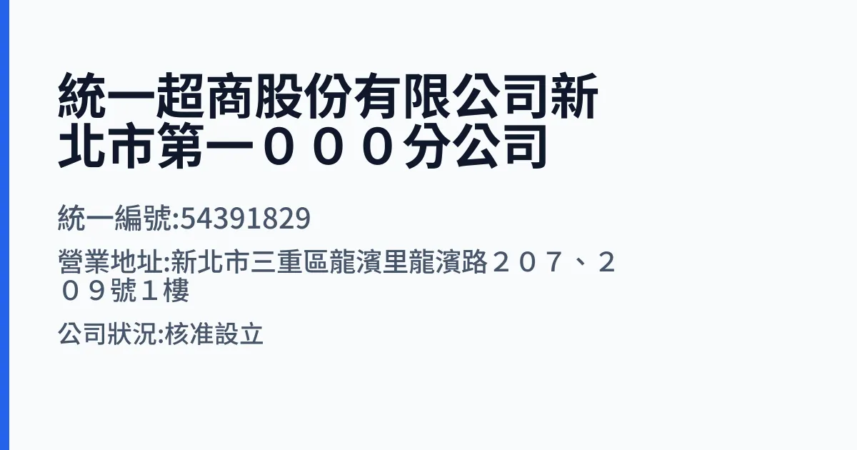 統一超商股份有限公司新北市第一０００分公司 - 統編 54391829(新北市) 公司登記資料與營業項目詳細圖表