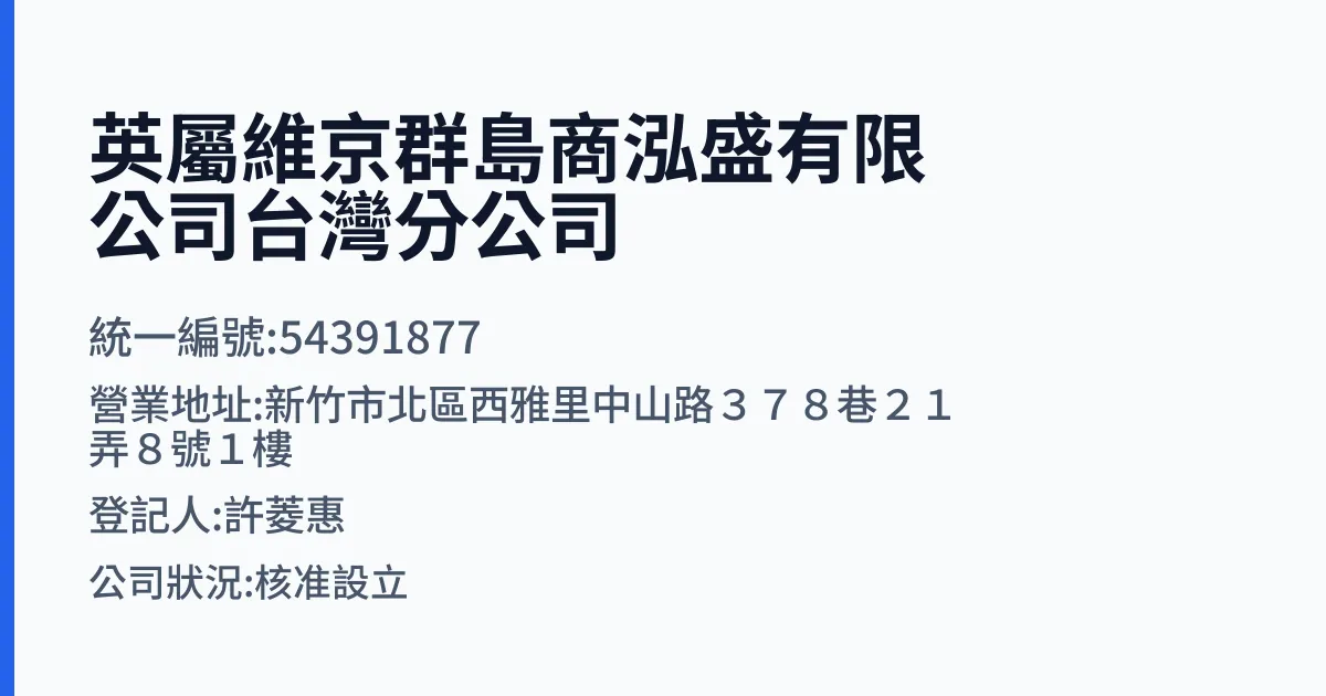 英屬維京群島商泓盛有限公司台灣分公司 - 統編 54391877(新竹市) 公司登記資料與營業項目詳細圖表