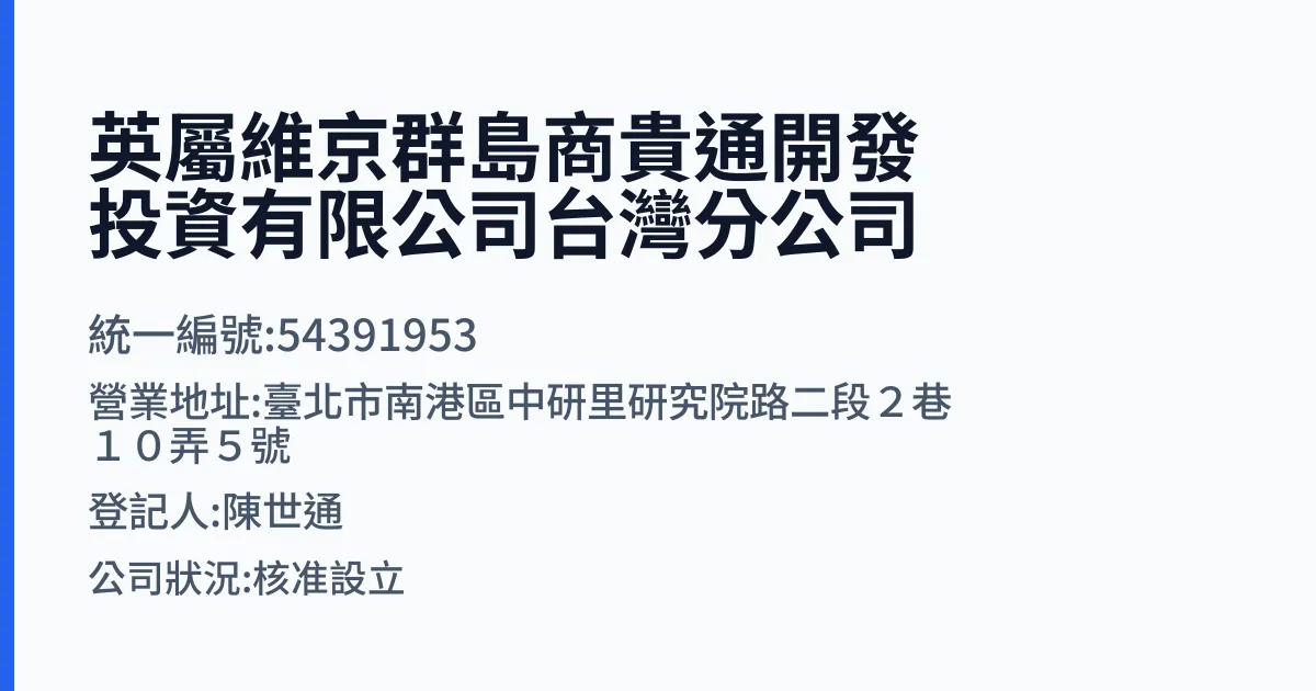 英屬維京群島商貴通開發投資有限公司台灣分公司 - 統編 54391953(臺北市) 公司登記資料與營業項目詳細圖表