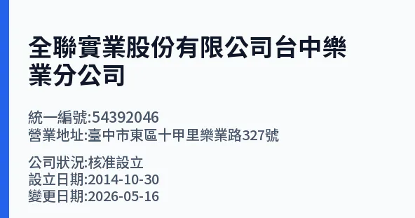 全聯實業股份有限公司台中樂業分公司的照片-統編 54392046(臺中市) 公司登記資料與營業項目詳細圖表