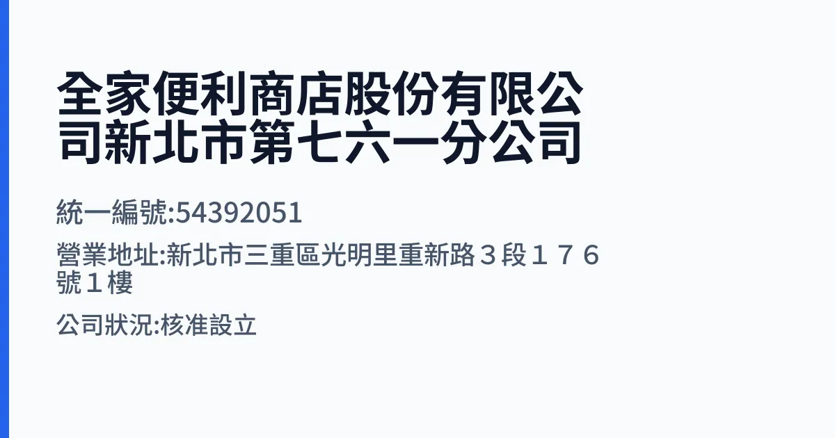 全家便利商店股份有限公司新北市第七六一分公司 - 統編 54392051(新北市) 公司登記資料與營業項目詳細圖表