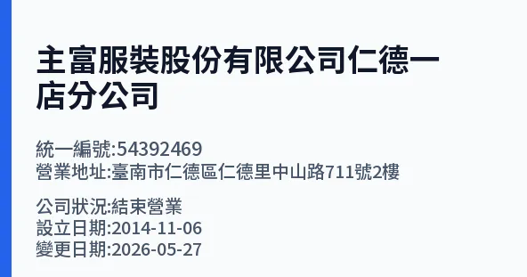主富服裝股份有限公司仁德一店分公司的照片-統編 54392469(臺南市) 公司登記資料與營業項目詳細圖表