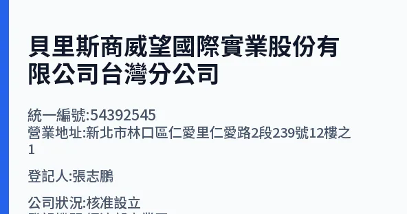 貝里斯商威望國際實業股份有限公司台灣分公司的照片-統編 54392545(新北市) 公司登記資料與營業項目詳細圖表