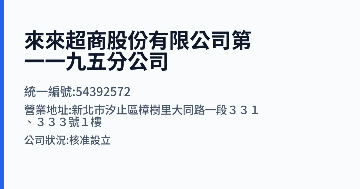 來來超商股份有限公司第一一九五分公司 - 統編 54392572(新北市) 公司登記資料與營業項目詳細圖表
