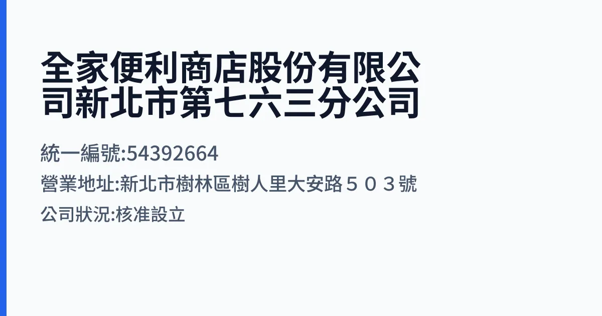 全家便利商店股份有限公司新北市第七六三分公司 - 統編 54392664(新北市) 公司登記資料與營業項目詳細圖表