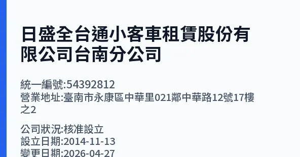 日盛全台通小客車租賃股份有限公司台南分公司的照片-統編 54392812(臺南市) 公司登記資料與營業項目詳細圖表