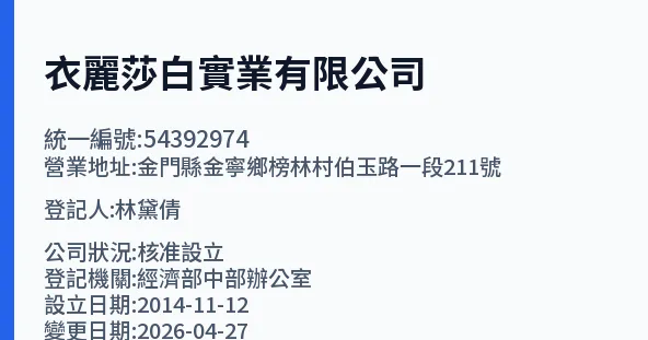 衣麗莎白實業有限公司的照片-統編 54392974(金門縣) 公司登記資料與營業項目詳細圖表
