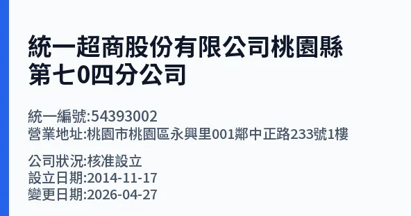 統一超商股份有限公司桃園縣第七0四分公司的照片-統編 54393002(桃園市) 公司登記資料與營業項目詳細圖表