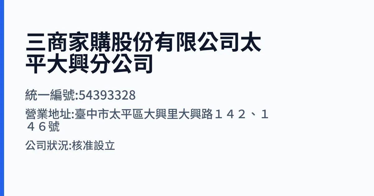 三商家購股份有限公司太平大興分公司 - 統編 54393328(臺中市) 公司登記資料與營業項目詳細圖表