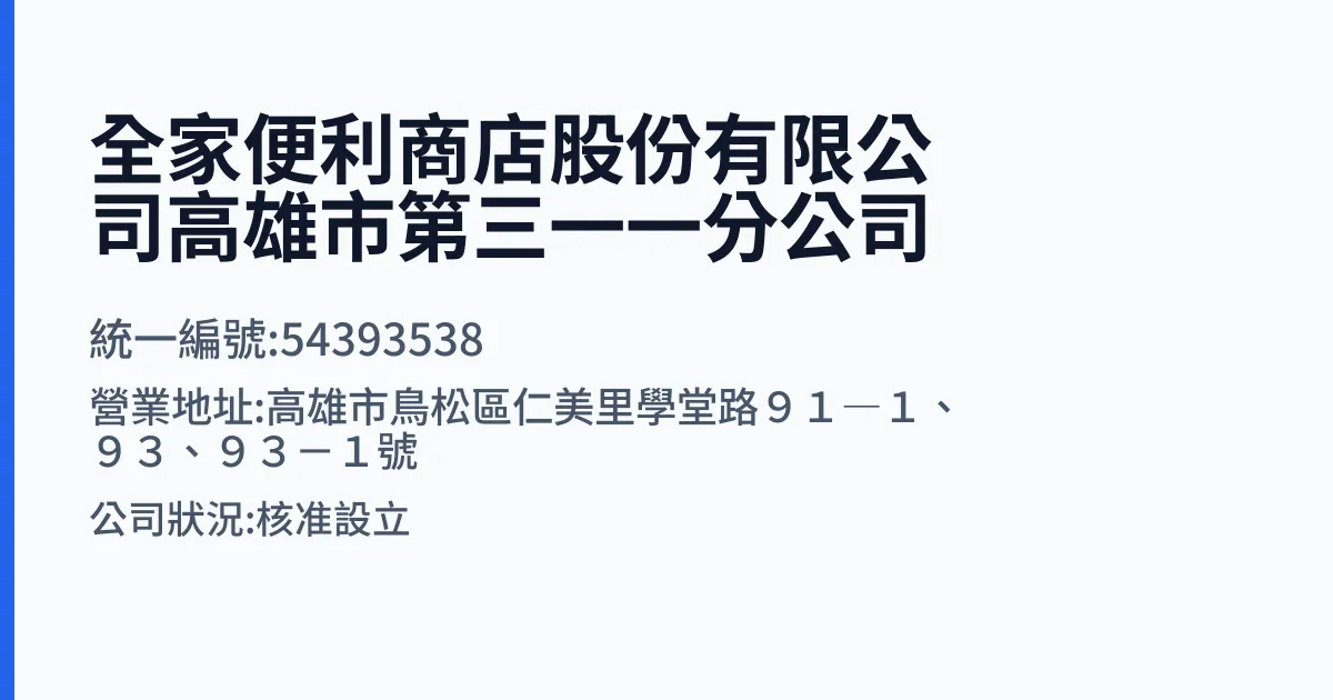 全家便利商店股份有限公司高雄市第三一一分公司 - 統編 54393538（高雄市） 公司登記資料與營業項目詳細圖表