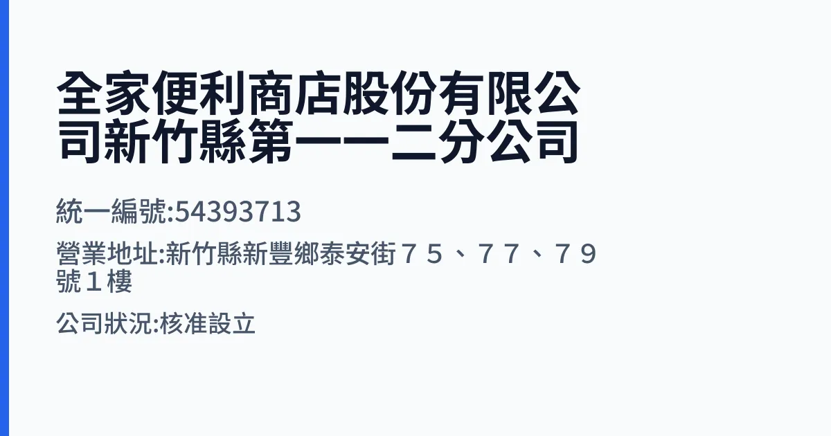 全家便利商店股份有限公司新竹縣第一一二分公司 - 統編 54393713(新竹縣) 公司登記資料與營業項目詳細圖表