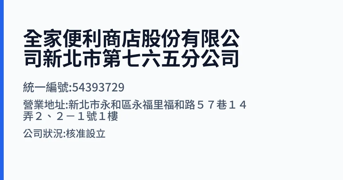 全家便利商店股份有限公司新北市第七六五分公司 - 統編 54393729(新北市) 公司登記資料與營業項目詳細圖表