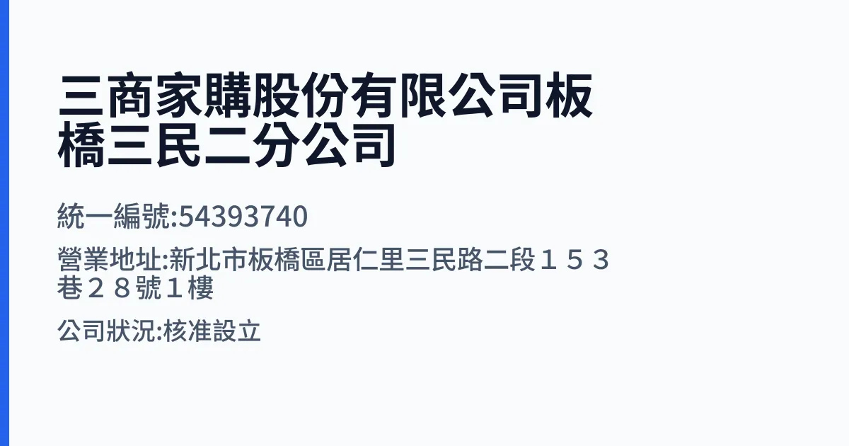 三商家購股份有限公司板橋三民二分公司 - 統編 54393740(新北市) 公司登記資料與營業項目詳細圖表