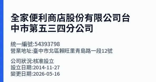 全家便利商店股份有限公司台中市第五三四分公司的照片-統編 54393798(臺中市) 公司登記資料與營業項目詳細圖表