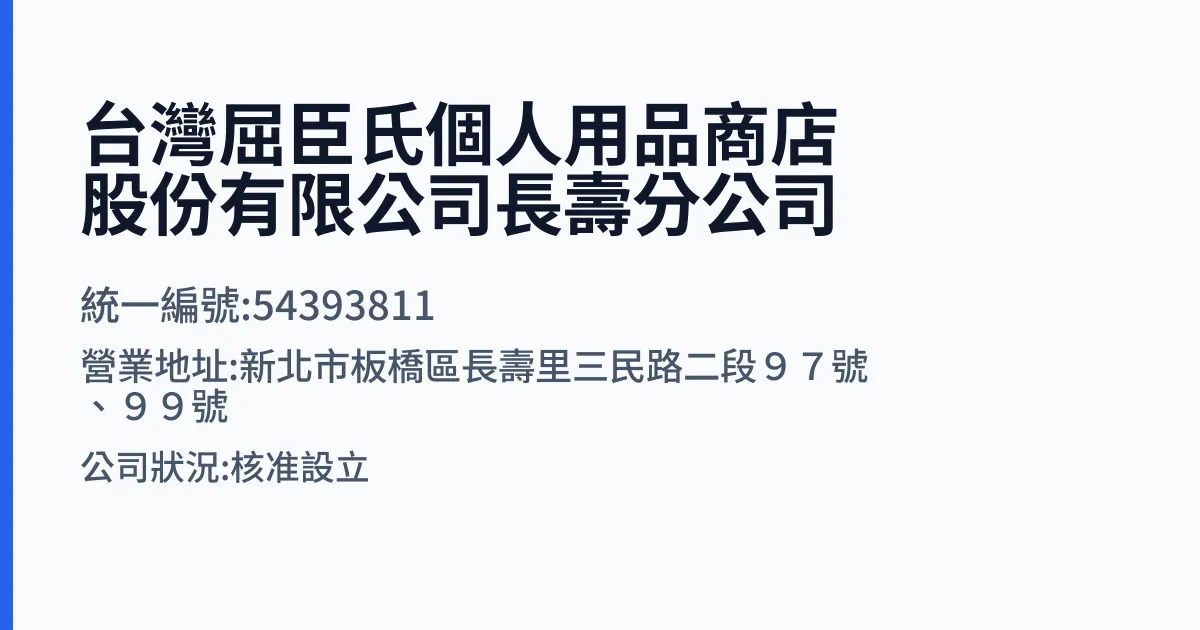 台灣屈臣氏個人用品商店股份有限公司長壽分公司 - 統編 54393811(新北市) 公司登記資料與營業項目詳細圖表